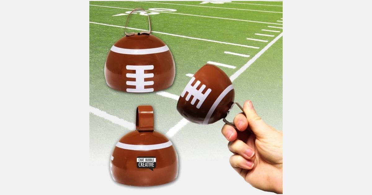 3 1/2" Football Metal Cowbell with your logo | MiniThrowBalls.com