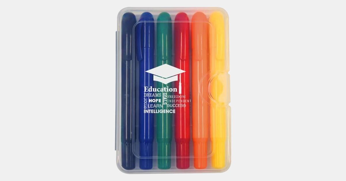 6-Piece Retractable Crayons In Case with your logo | MiniThrowBalls.com