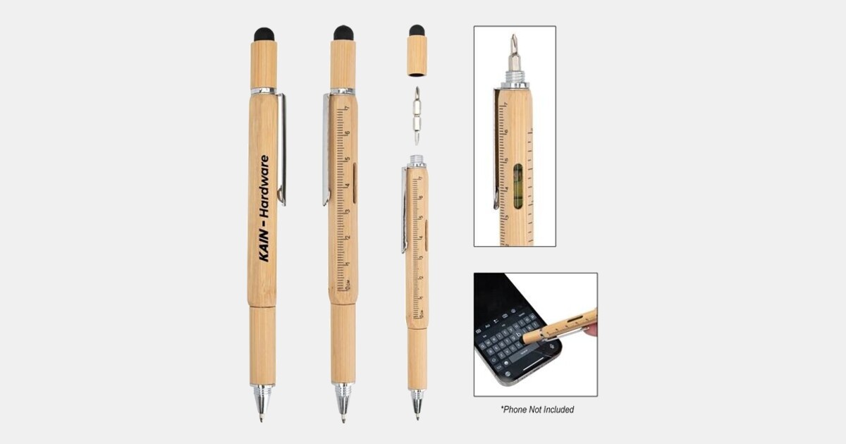 Custom Printed Bamboo Multi-Function Tool Pen with your logo | MiniThrowBalls.com