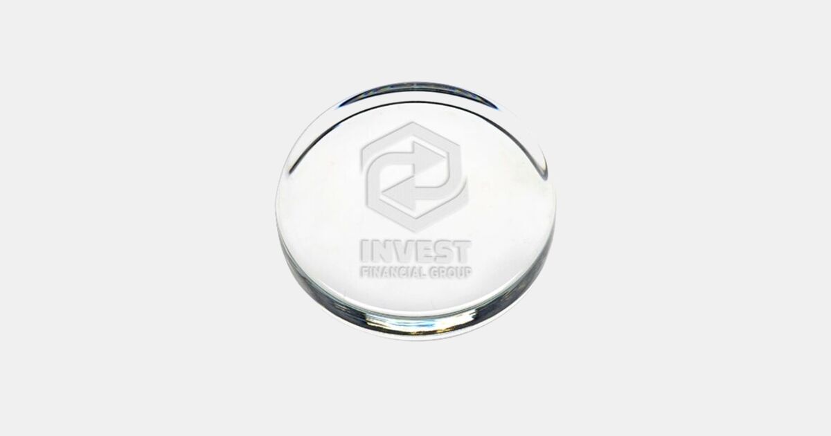 Laser Etched Flat Round Paperweight with your logo | MiniThrowBalls.com