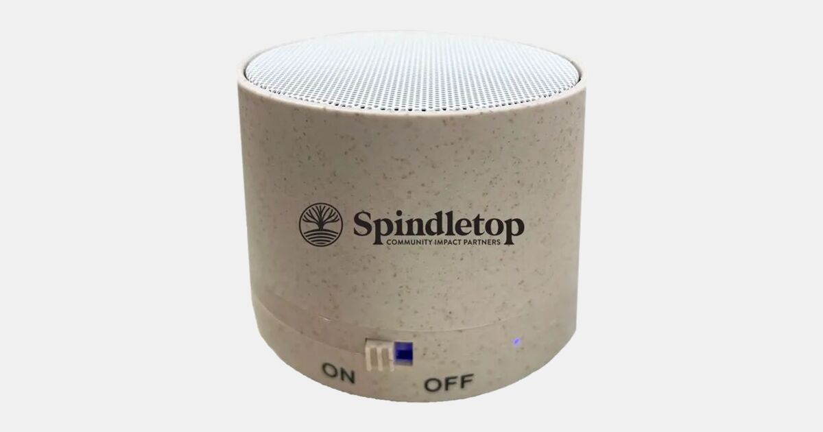 Custom Printed Eco-Friendly Wheat Fiber Round Bluetooth Speaker with your logo | MiniThrowBalls.com