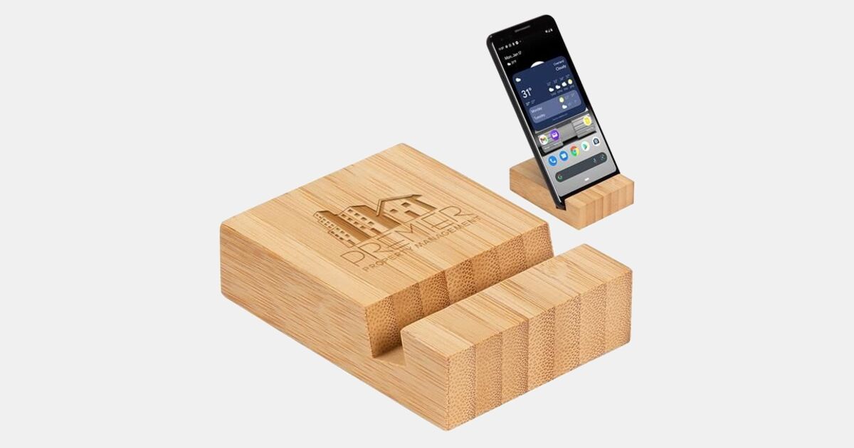 Imprinted Bamboo Bloc Phone Stand with your logo | MiniThrowBalls.com