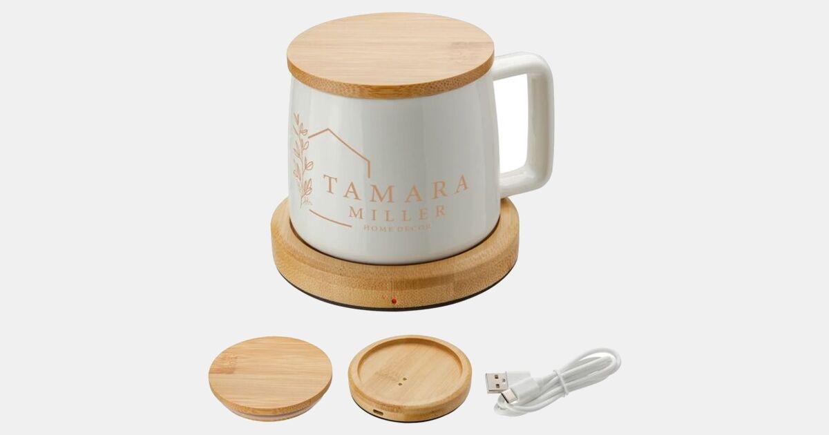Custom Printed Bamboo Mug Warmer with Ceramic Mug 8 oz with your logo ...