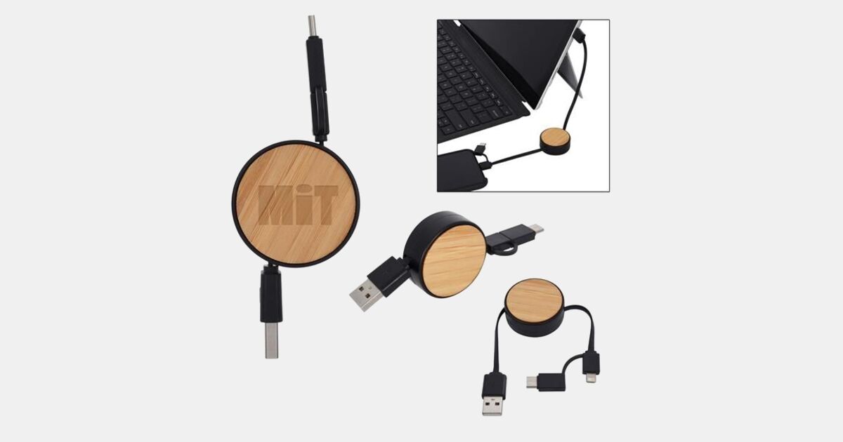 Bamboo Retractable 3-In-1 Charging Cable with your logo ...