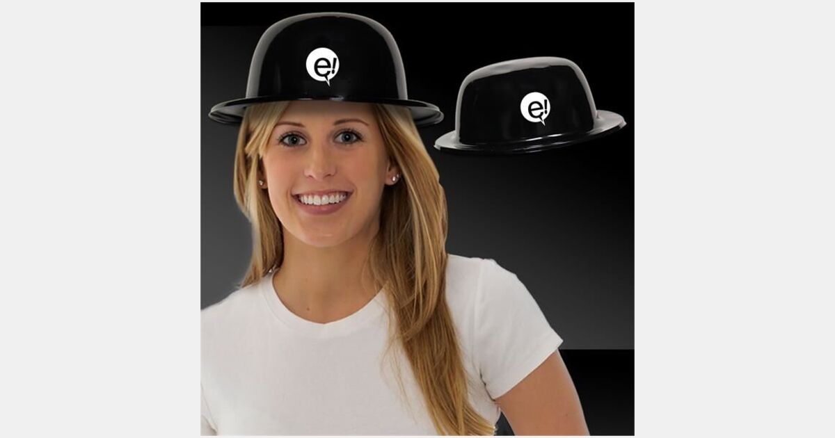Custom Printed Black Plastic Derby Hat with your logo | MiniThrowBalls.com