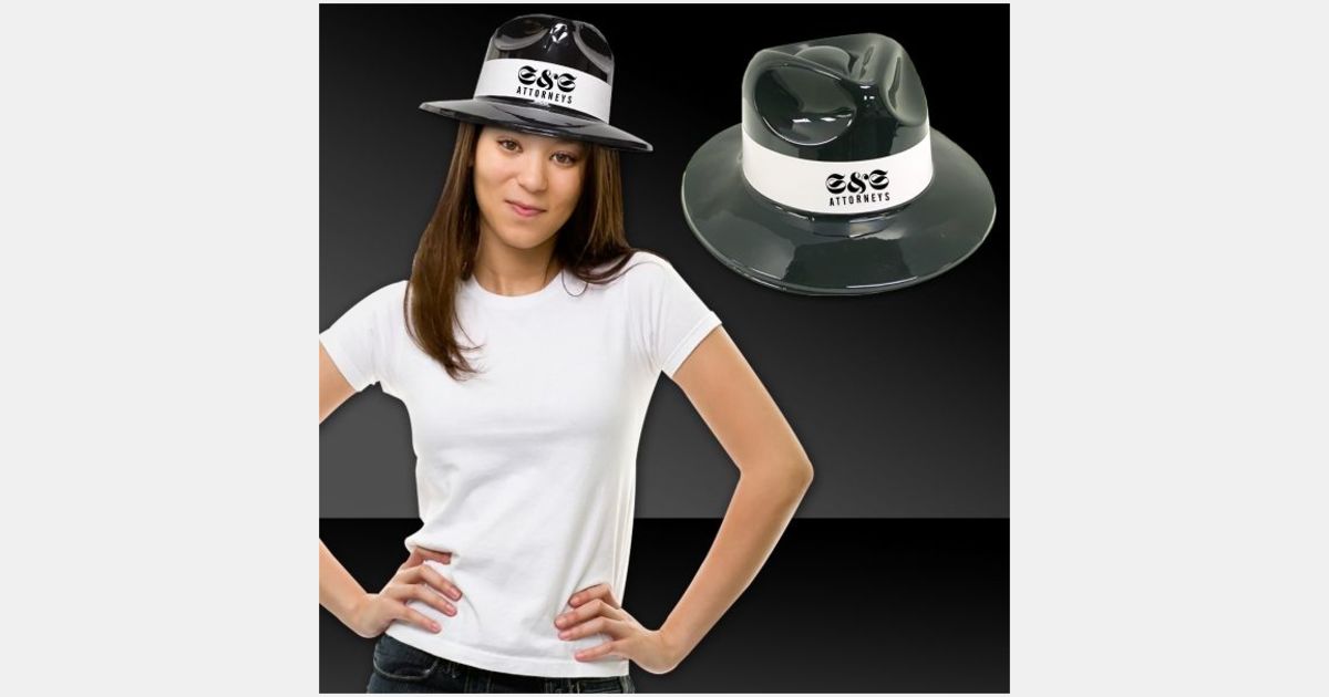 Black Plastic Fedora With White Band with your logo | MiniThrowBalls.com