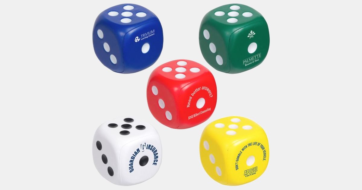 Custom Printed Dice Stress Reliever with your logo | MiniThrowBalls.com