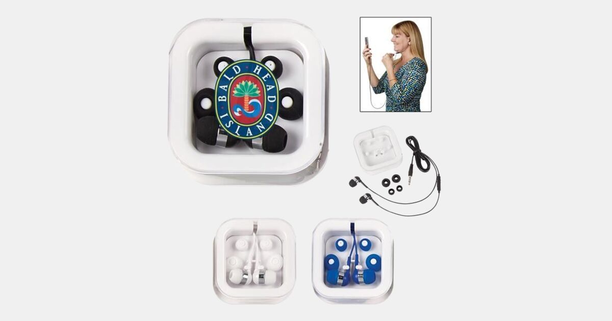 Earbuds With Microphone with your logo | MiniThrowBalls.com