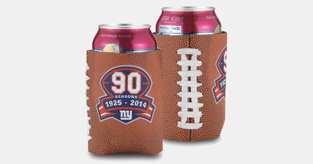 Faux Leather Football Can Cooler Sleeve with your logo | MiniThrowBalls.com
