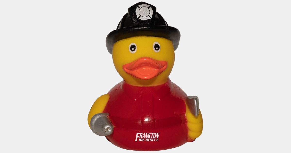 Promotional Fireman Rubber Duck with your logo | MiniThrowBalls.com