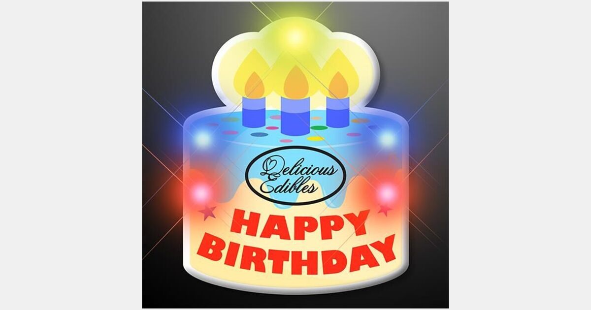 Happy Birthday Cake LED Pin Blinkies with your logo | MiniThrowBalls.com