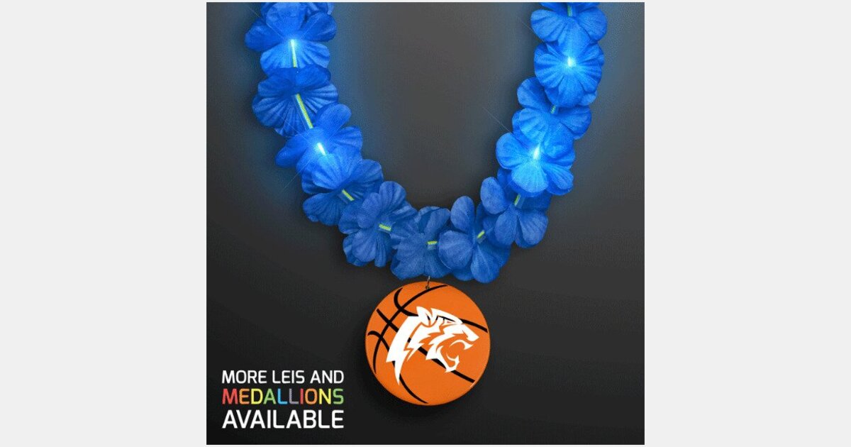 LED Blue Lei with Basketball Medallion with your logo | MiniThrowBalls.com
