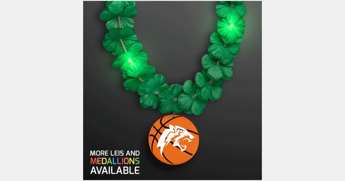 LED Green Lei with Basketball Medallion with your logo | MiniThrowBalls.com