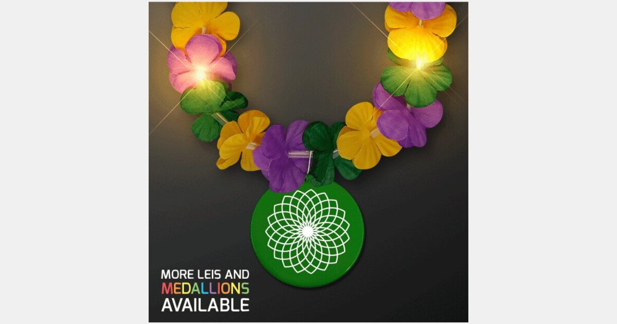 LED Mardi Gras Lei with Green Medallion with your logo | MiniThrowBalls.com