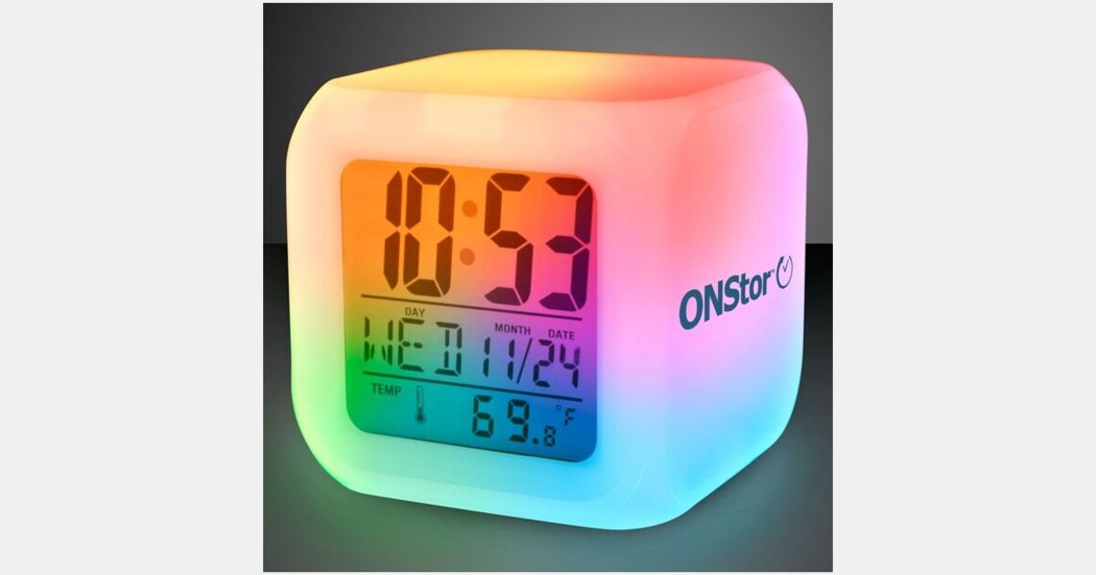 Custom Printed Light up Alarm Clock with your logo | MiniThrowBalls.com
