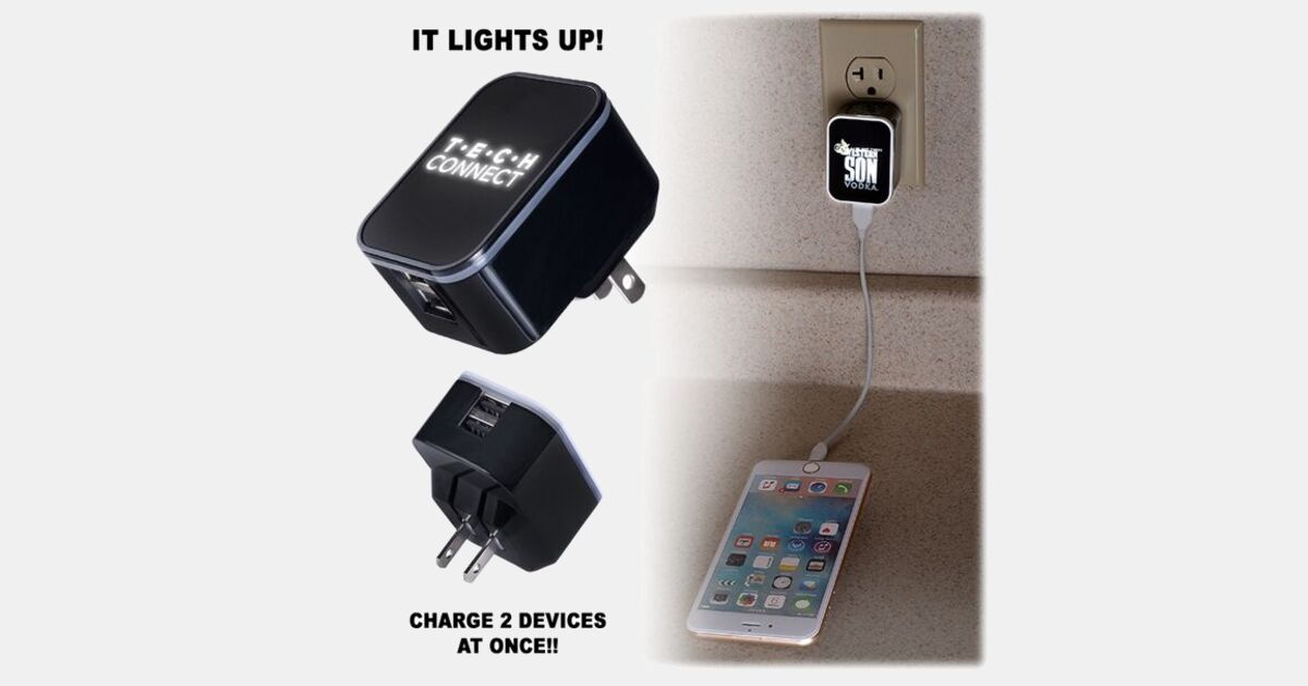 Promotional Light-Up-Your-Logo Duo Usb Wall Charger with your logo ...