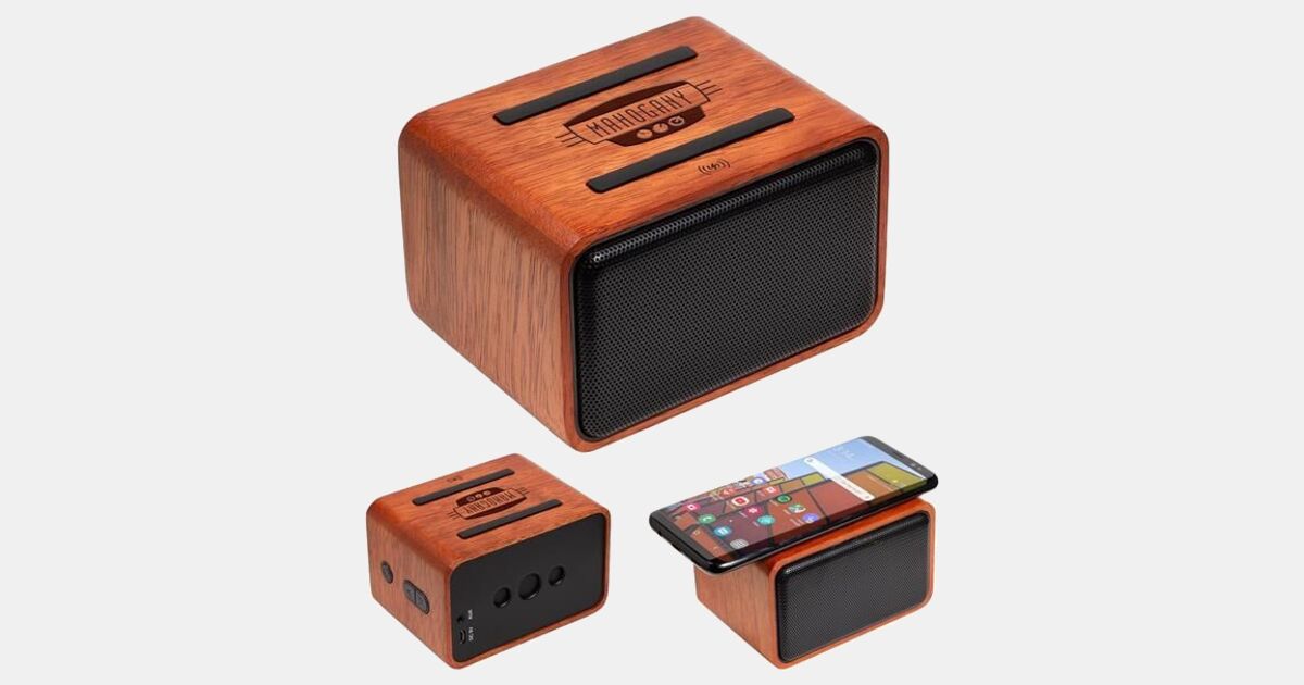 Imprinted Mahogany Wireless Speaker With Wireless Charger with your ...