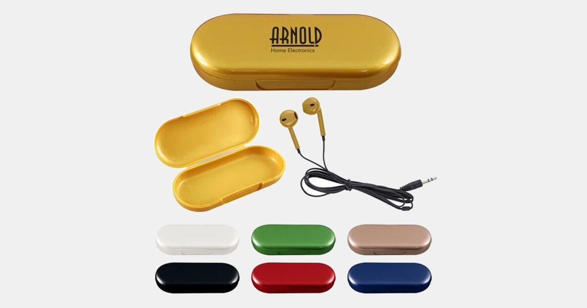 Metallic Wired Earbuds With Clamshell Case with your logo ...