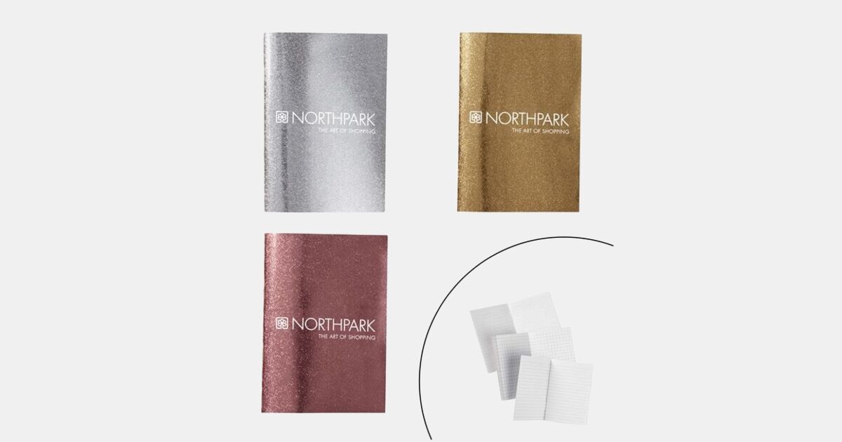 Mini Glitter Notebook USA Made with your logo | MiniThrowBalls.com