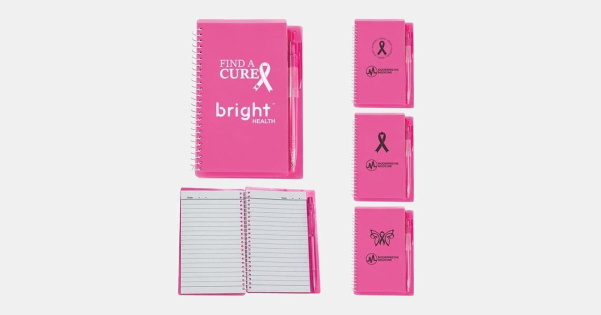 Custom Printed Pink Ribbon Notebook with your logo | MiniThrowBalls.com