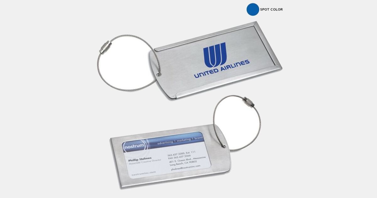 Prestige Brushed Metal Luggage Bag Tag with your logo | MiniThrowBalls.com
