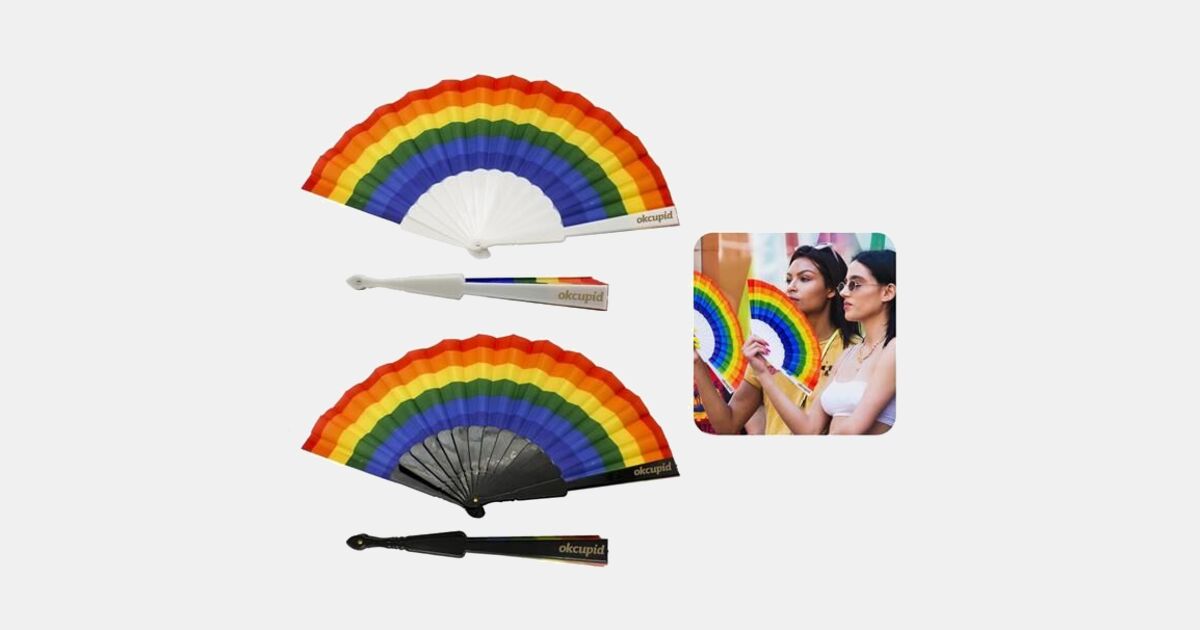 Custom Printed Rainbow Fan with your logo | MiniThrowBalls.com