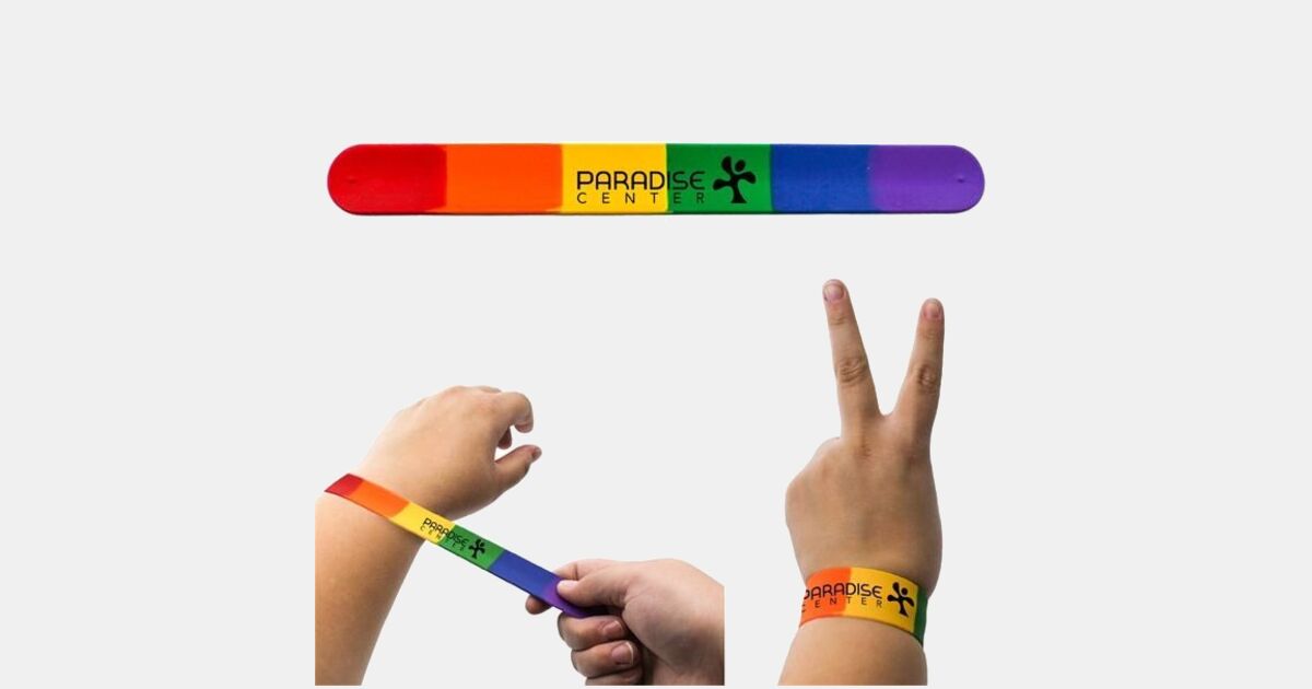 Custom Printed Rainbow Slap Bracelet with your logo | MiniThrowBalls.com