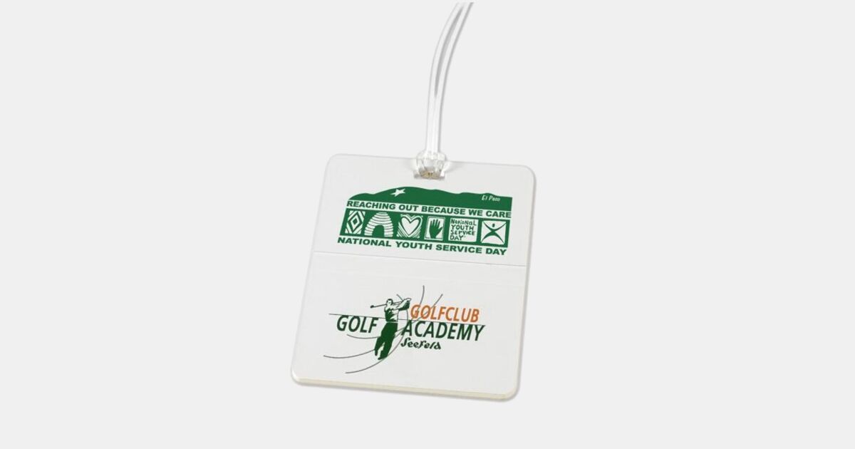 Rectangle Golf Bag Tag USA Made with your logo | MiniThrowBalls.com