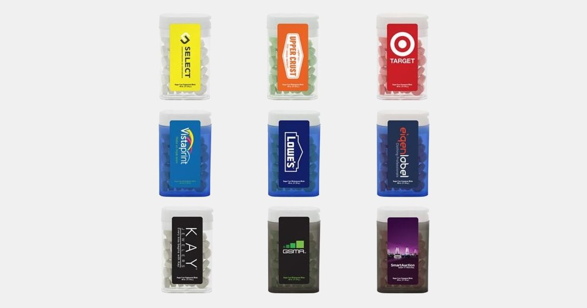 1 1/2" x 2 1/2" Rectangular Flip-Top Mint Dispenser with your logo | MiniThrowBalls.com