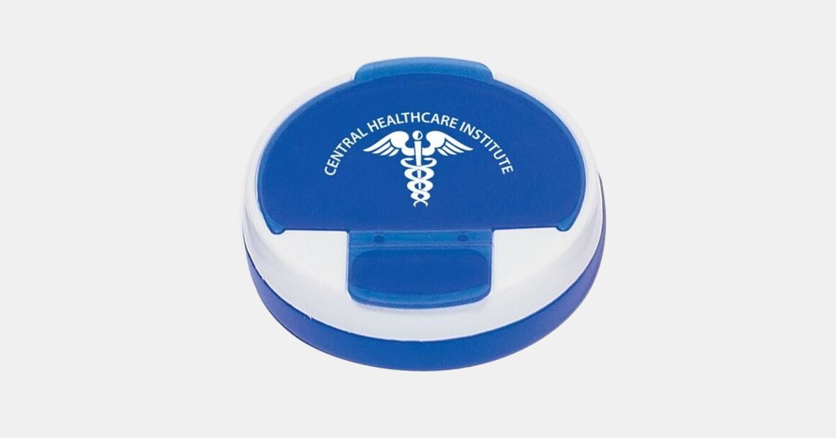 Custom Printed Round Pill Holder with your logo | MiniThrowBalls.com