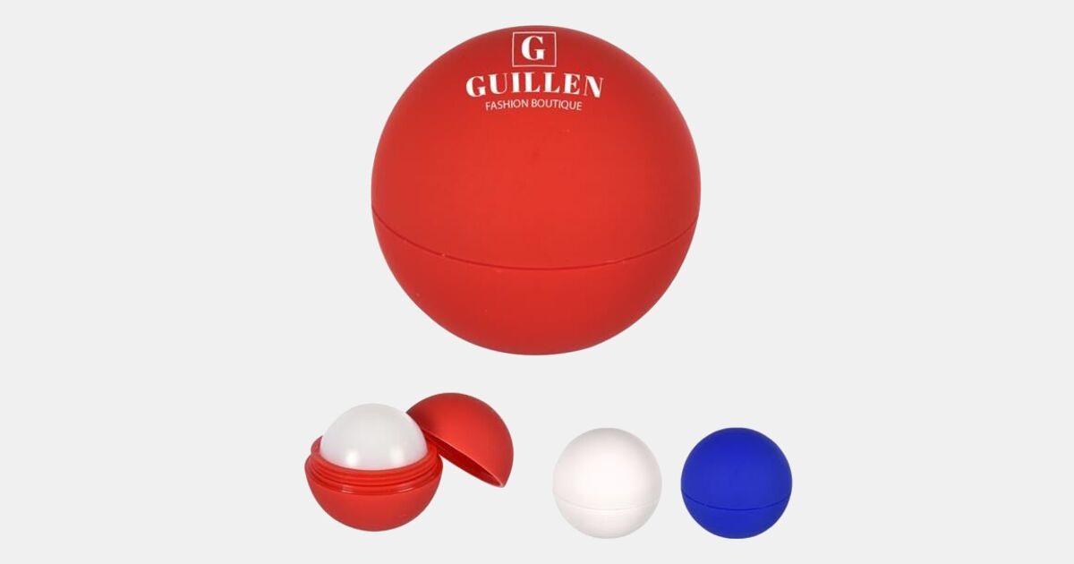 Rubberized Lip Moisturizer Ball with your logo | MiniThrowBalls.com