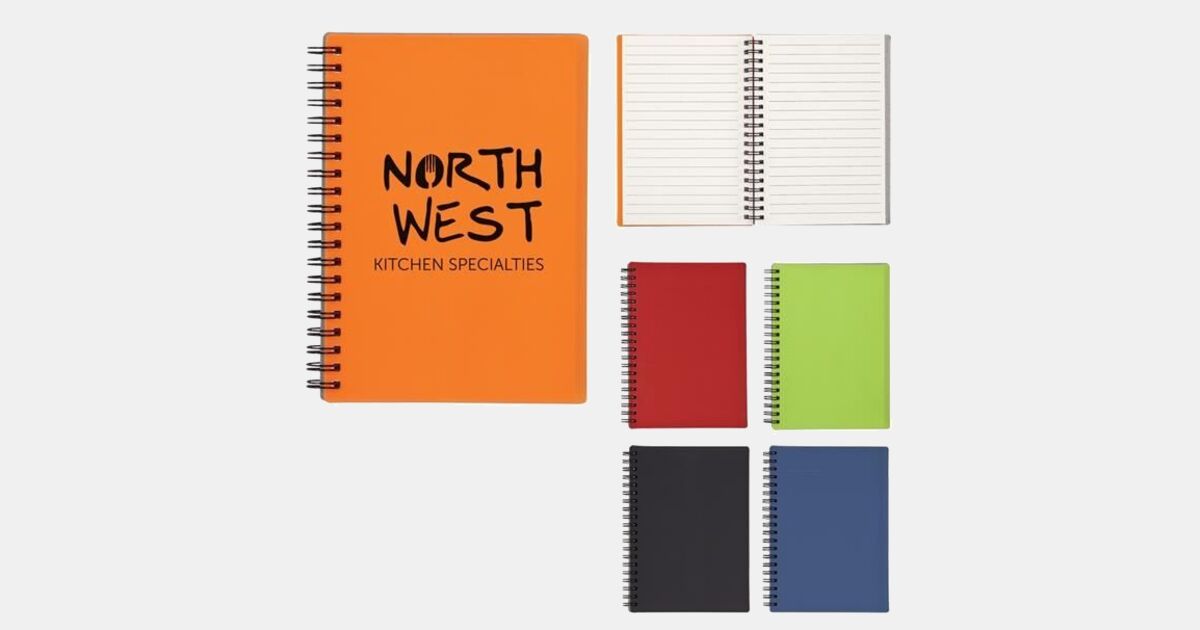 Custom Printed Rubbery Spiral Notebook with your logo | MiniThrowBalls.com