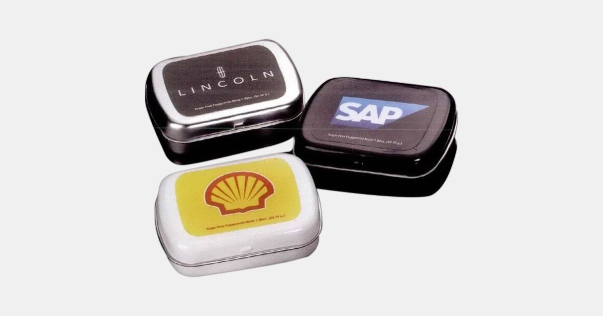 Small Rectangular Hinged Mint Tin with your logo | MiniThrowBalls.com