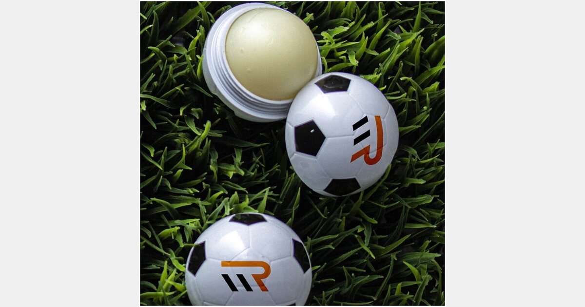 Soccer Ball Shaped Lip Balm USA Made with your logo | MiniThrowBalls.com