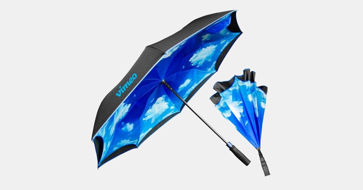The Blue Sky & Clouds Inverted Umbrella with your logo | MiniThrowBalls.com
