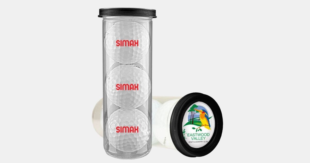 Three Ball Golf Gift Tube with your logo | MiniThrowBalls.com