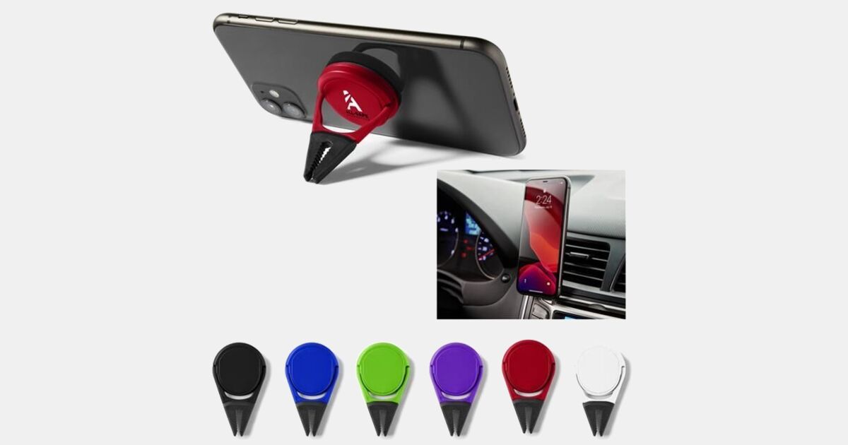 Promotional Vroom Car Vent Phone Holder with your logo | MiniThrowBalls.com