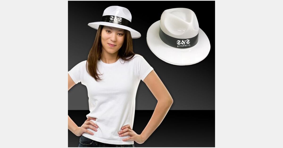 Custom Printed White Plastic Fedora Hat with your logo | MiniThrowBalls.com